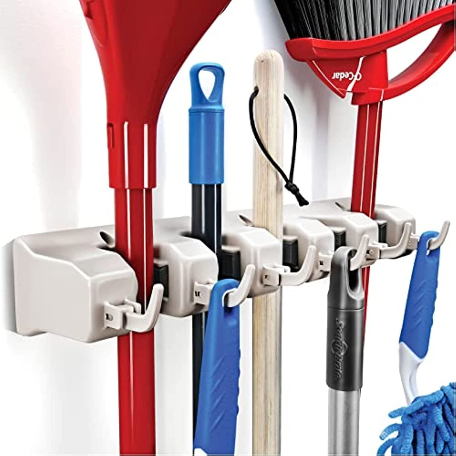 Mop and Broom Holder Wall Mount Garden Tool Organizer,Broom Holder Wall Mount, Broom Holder 5 Racks 6 Hook, Broom Rack Storage Solutions, Storage System Broom Organizer.