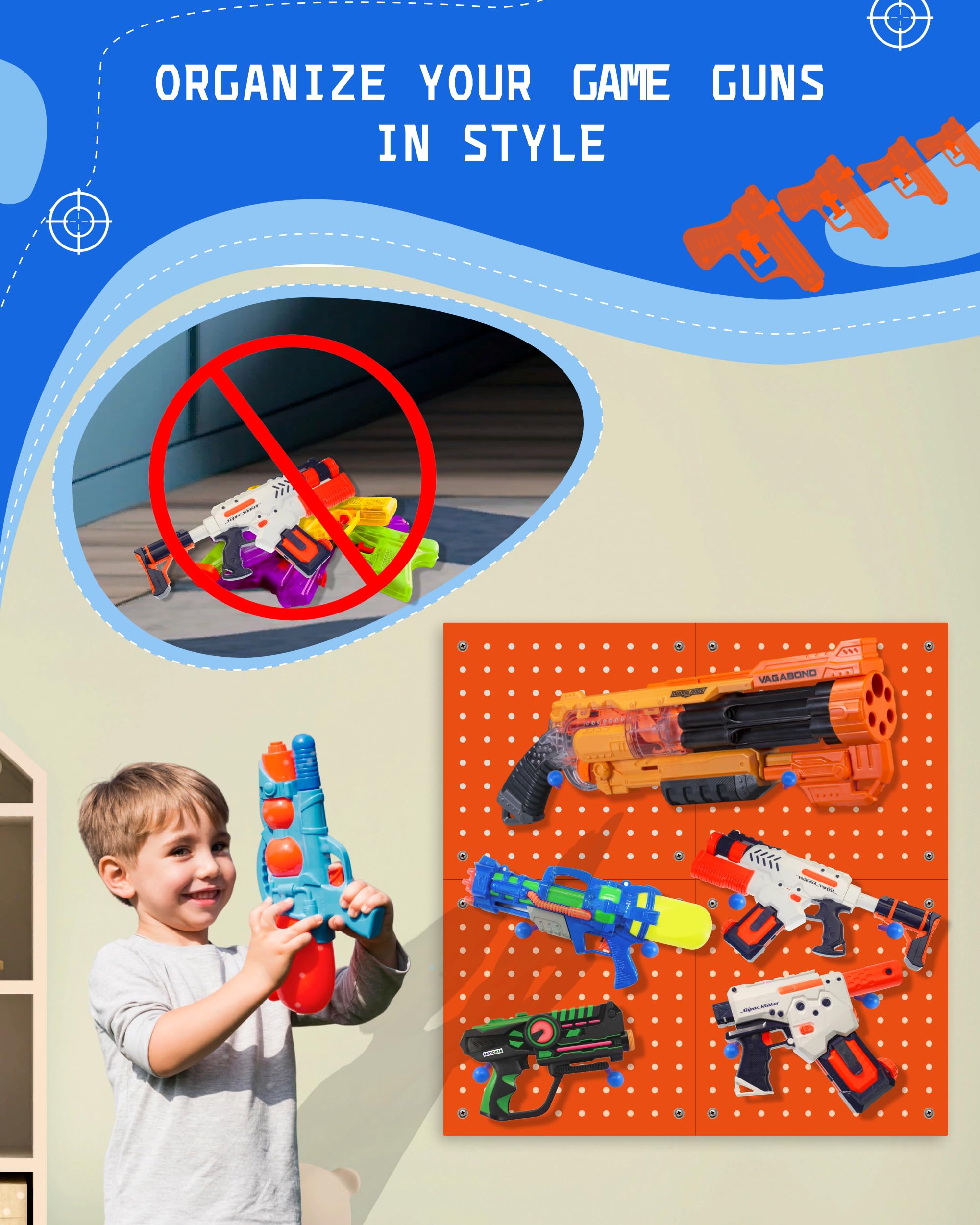 Skywin Peg Board for Nerf Gun Storage Organizer - Hanging Holder Compatible with All Blasters Nerf Gun Rack Organizer for Wall Organization (Orange)