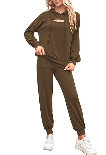 Pink Queen Two Piece Lounge Wear Sweat Sets Casual Relaxed Fit Fall Cutout Pullover Hoodies Tracksuit Ladies Running Active Drawstring Pants with Pockets Chocolate L