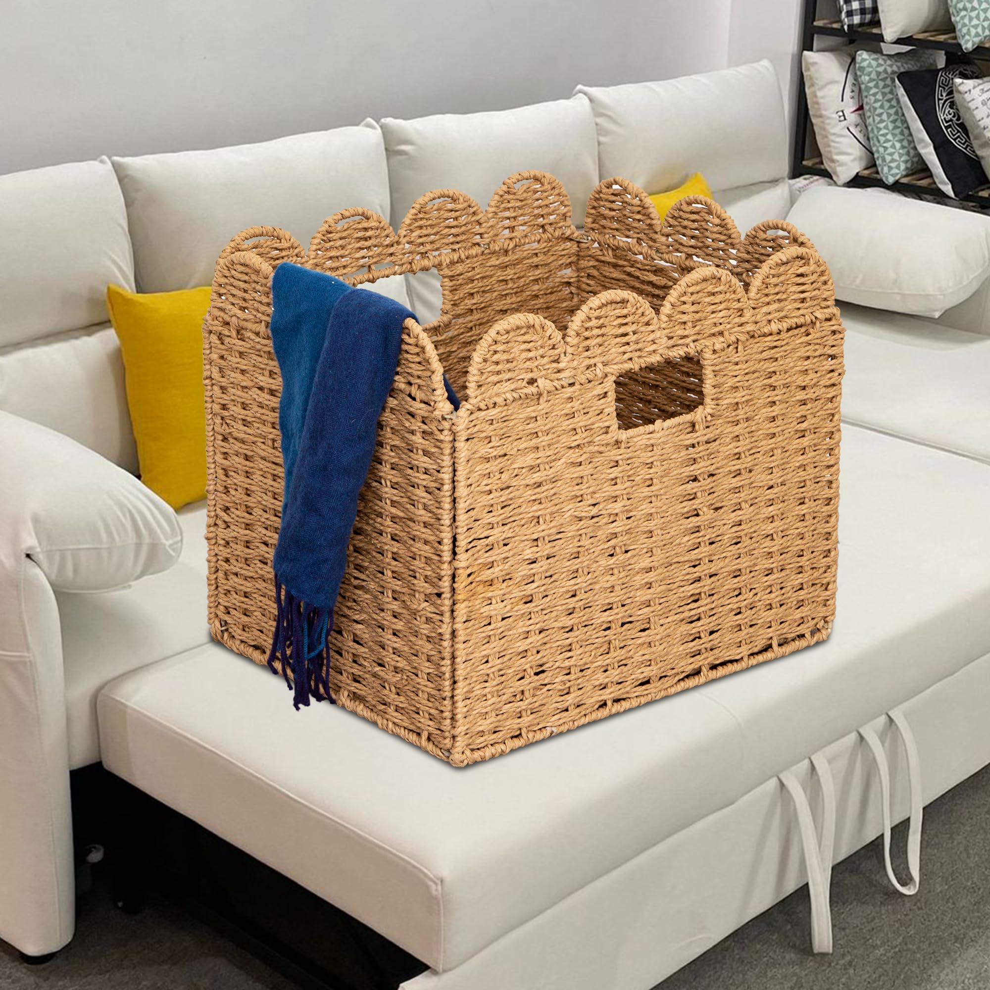Paper rope Storage Baskets,Wicker Baskets,Folding 2 Packs Handmade Woven baskets, paper rope Basket For Shelf,Seagrass Baskets,Shelf Baskets For Storage Toys Books And Clothes.