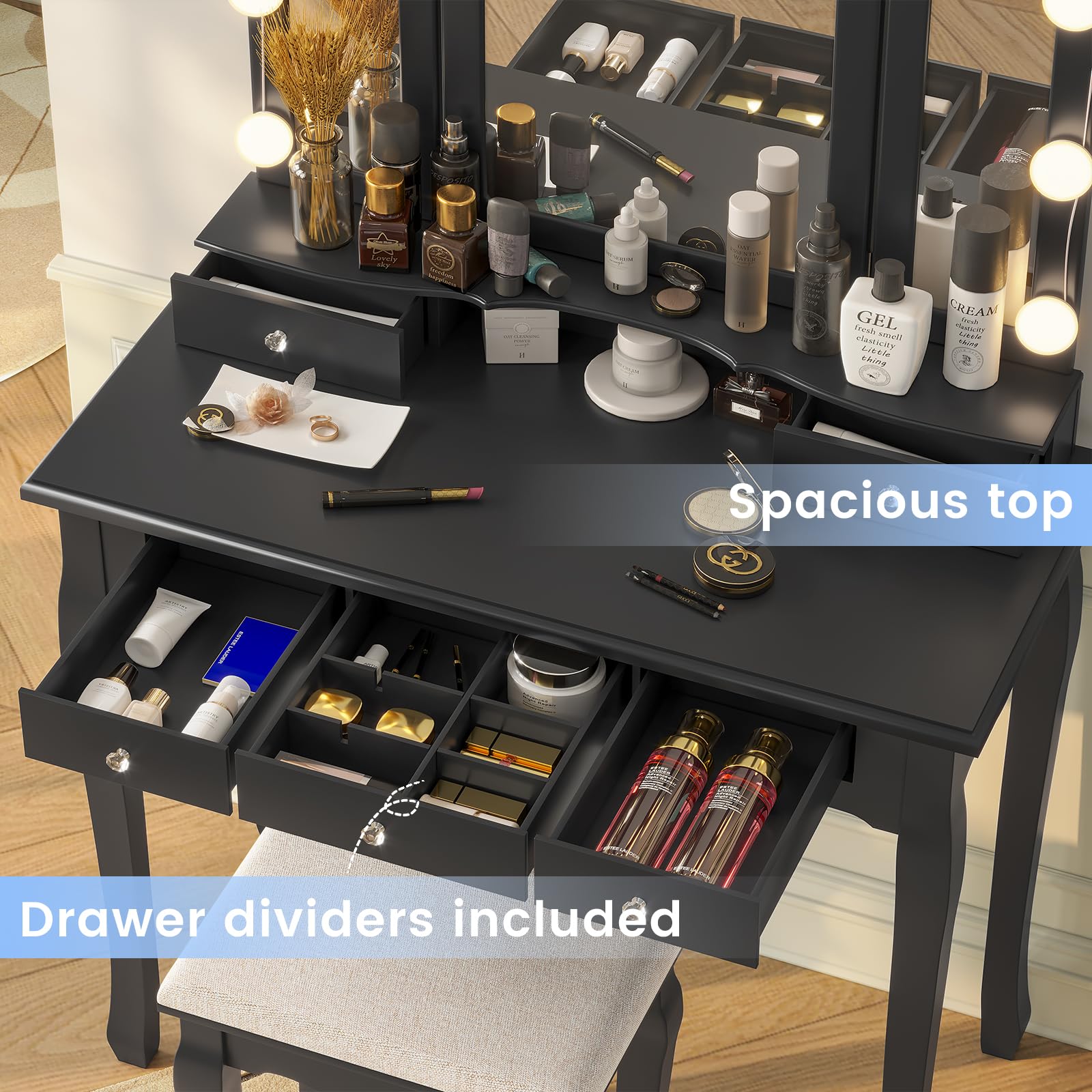 Tiptiper Makeup Vanity with Lights, Vanity Desk with Lighted Mirror and Stool, Vanity Table Set with 5 Drawers, 3 Light Settings, Adjustable Brightness, White