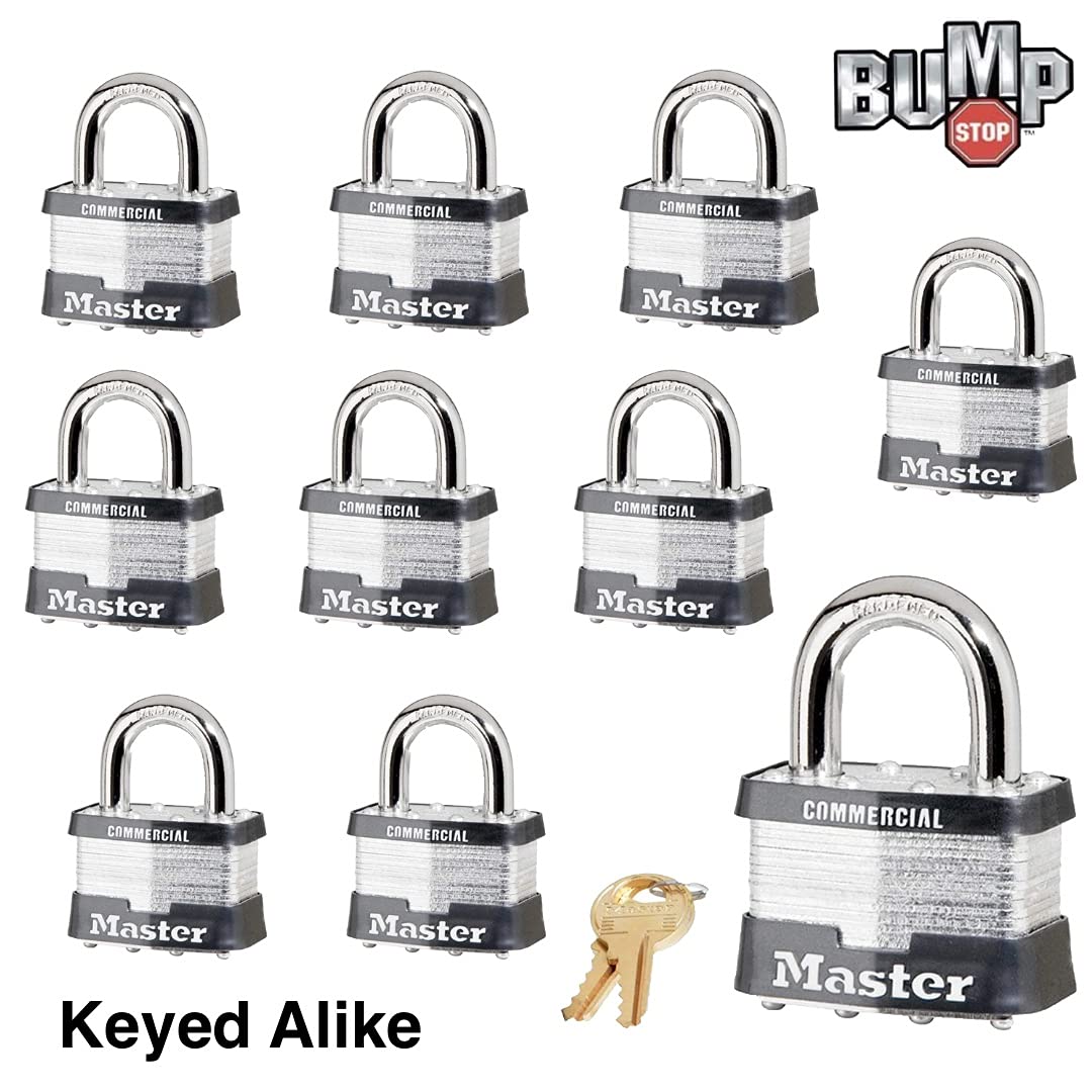 Master Lock Padlock - 2" W Body x 1" L Shackle, Ten (10) Keyed Alike Locks 5 NKA-10 w/Bump Stop Technology
