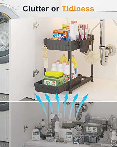 MHHA Under Sink Organizer, 2 Tier Sliding Bathroom Cabinet Organizer and Storage,Multi-purpose Under Kitchen Sink Oragnizers and Storage,1 Pack (Black)
