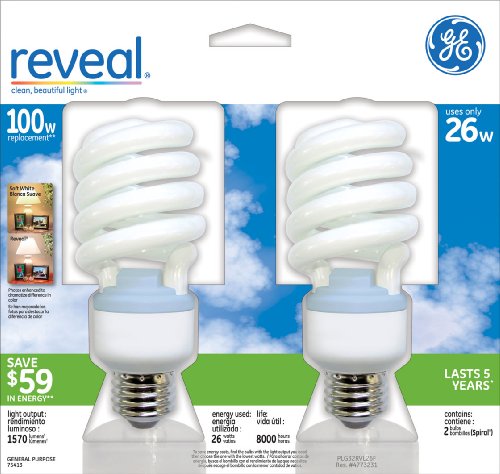 GE 75413 26-Watt CFL Spiral Reveal Light Bulb, 100-Watt Equivalent, 2-Pack
