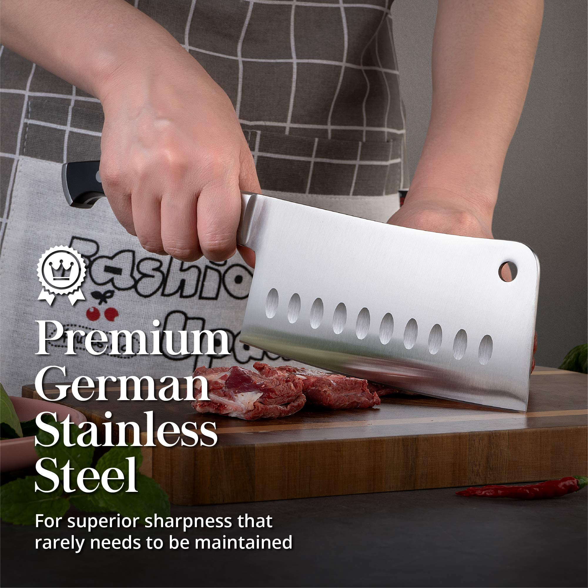 Master Maison Walnut Kitchen Knife Set With Knife Block & Bonus Cleaver | German Stainless Steel Knives With Knife Sharpener & 8 Steak Knives | Butcher Block Knife Sets For Kitchen