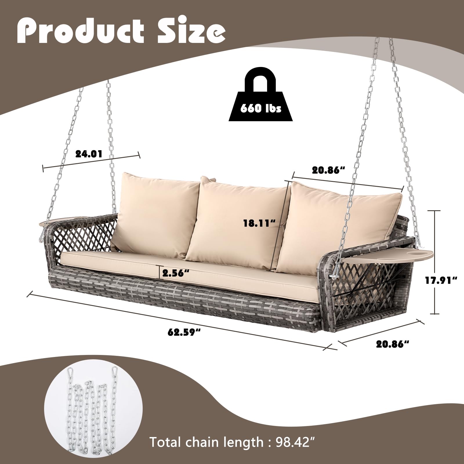 TOBYUL 3-Seats Outdoor Wicker Hanging Porch Swing Chair, Patio Swing Lounge with 2 Cup Holders,3 Back Cushions,1 Seat Cushion for Backyard Garden Park Deck