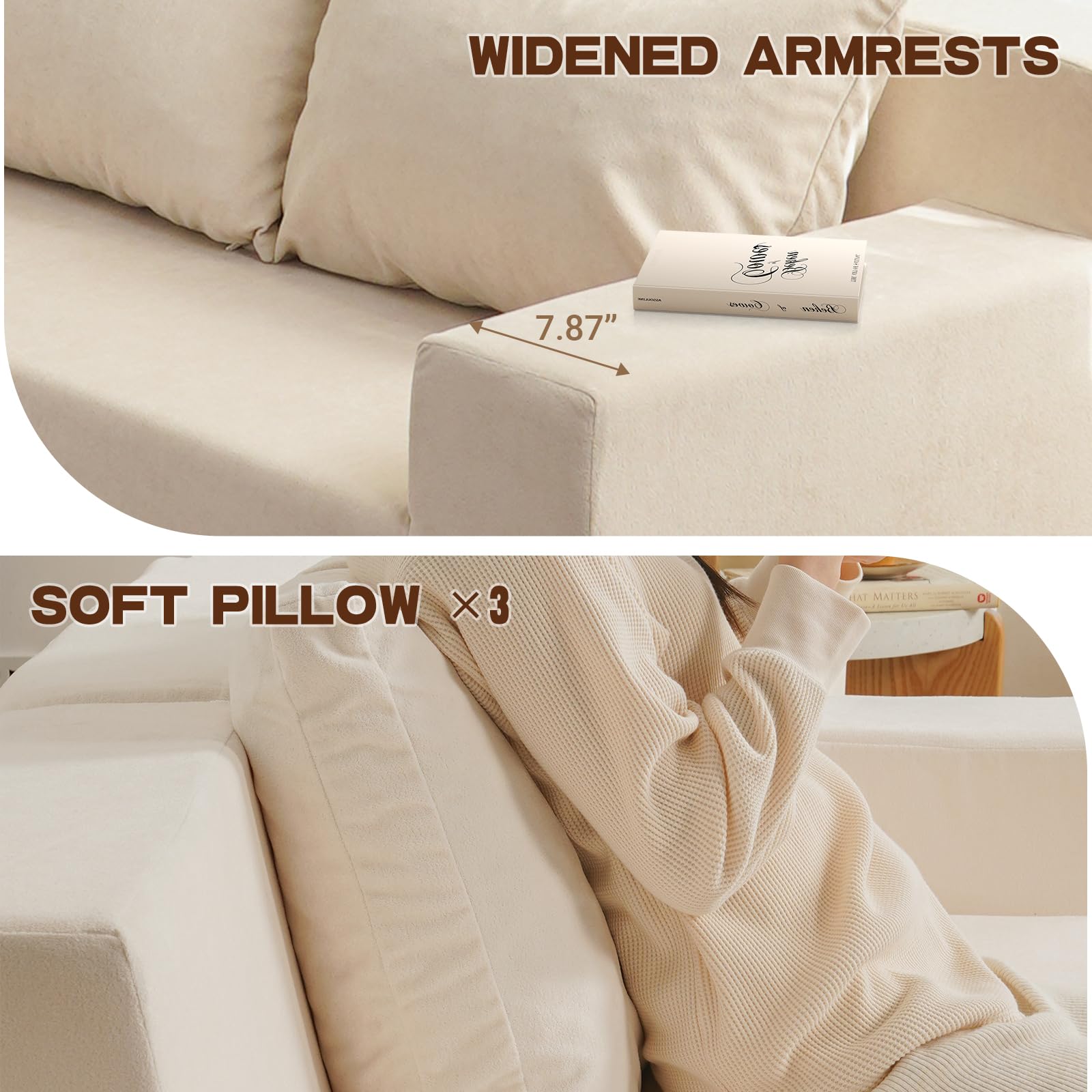 Rovibek Modular Sectional Sofa with Chaise, L-Shape Modern Minimalist Couch with 3 Pillows, Upholstered Sleeper for Living Room, Bedroom, Free Combination, Off White
