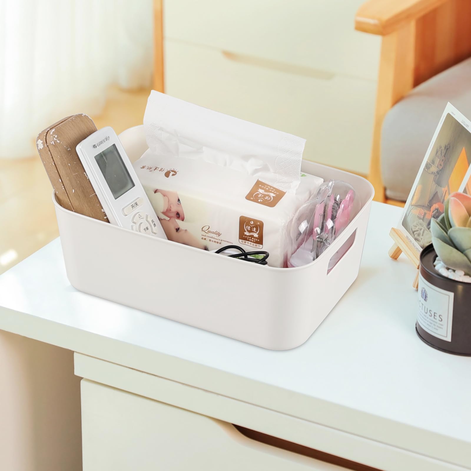 Tstorage Plastic Open Storage Bins for Cupboards, Plastic Storage Baskets with Handles, White, 6 Packs