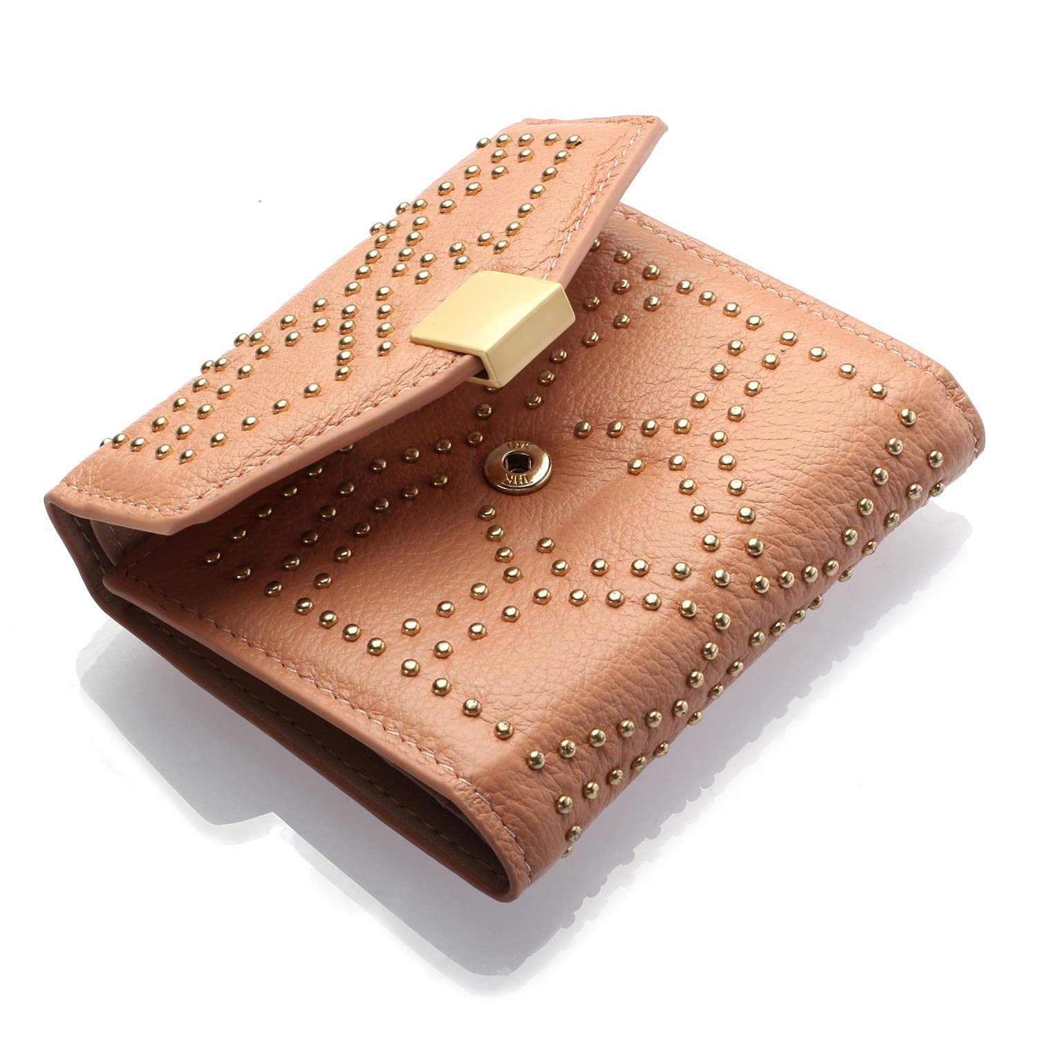 Genuine Leather Wallet for Women, Rivet Studded Money Organizer, Smart Leather Credit Card Case, Multipurpose Small Purse (Pink)