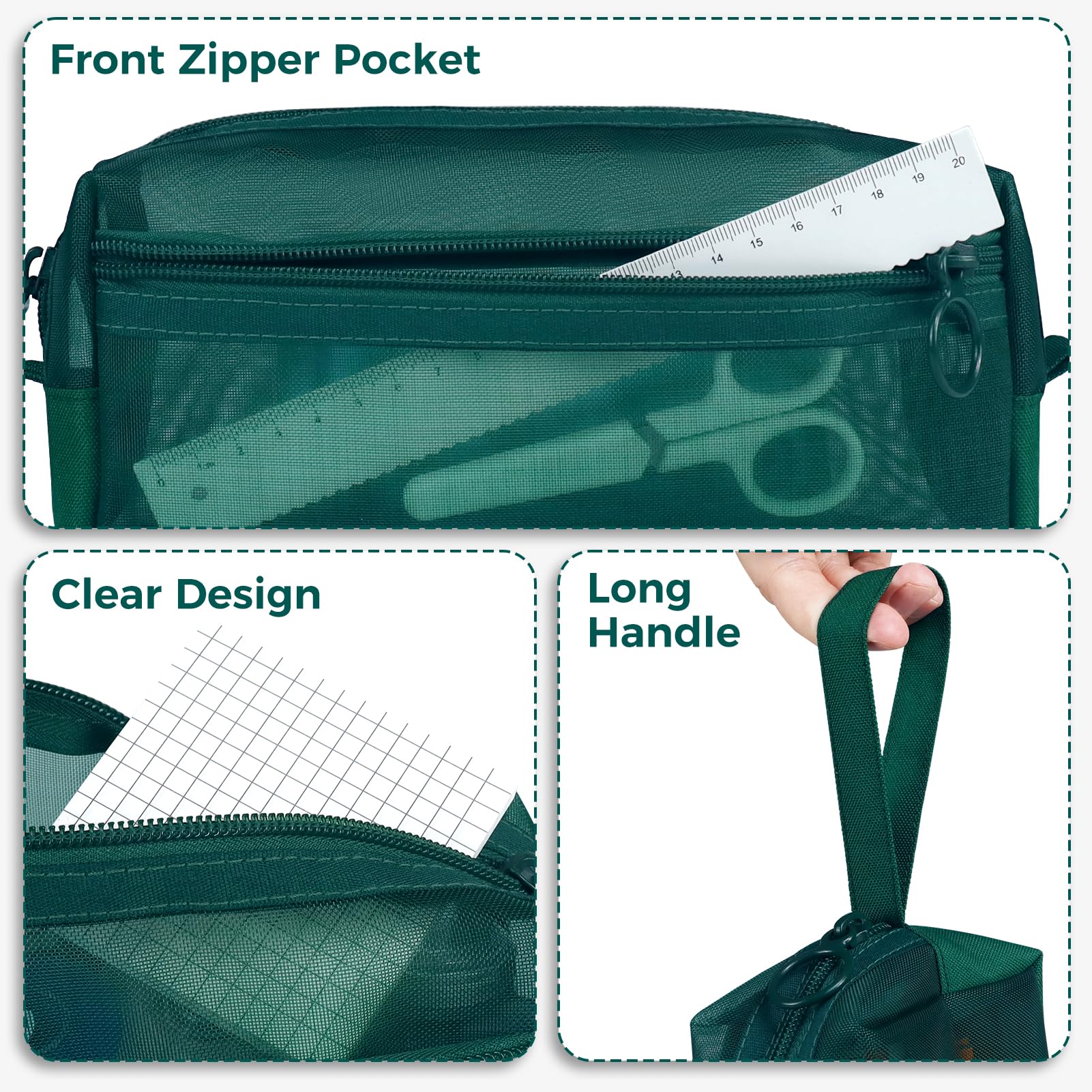 Moyad Grid Mesh Pencil Pen Case Large Capacity Pencil Pouch Stationery Organizer Pen Bag Clear Translucent Pencil Cases for Office, Work, Travel, Adults - Green