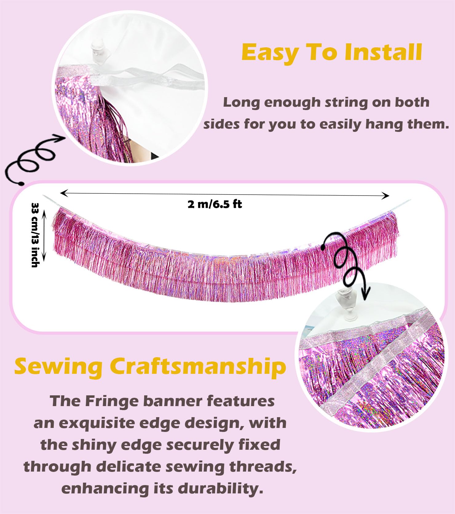 Sharonlily 2 Pack Glitter Pink Foil Fringe Garland-4 Layers Thick | Shiny Metallic Tinsel Streamers, Hanging Fringe Banner for Wedding Christmas Decoration Home Hanging Parade Floats