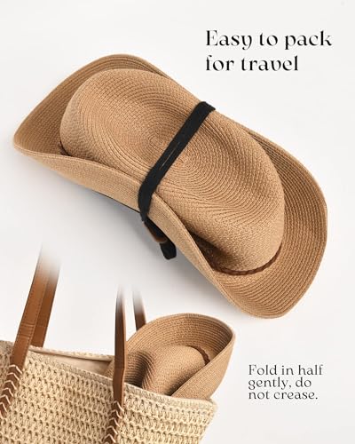 FURTALK Sun Hats for Women Summer Wide Brim UV UPF 50+ Panama Fedora Foldable Packable Straw Beach Hat Khaki