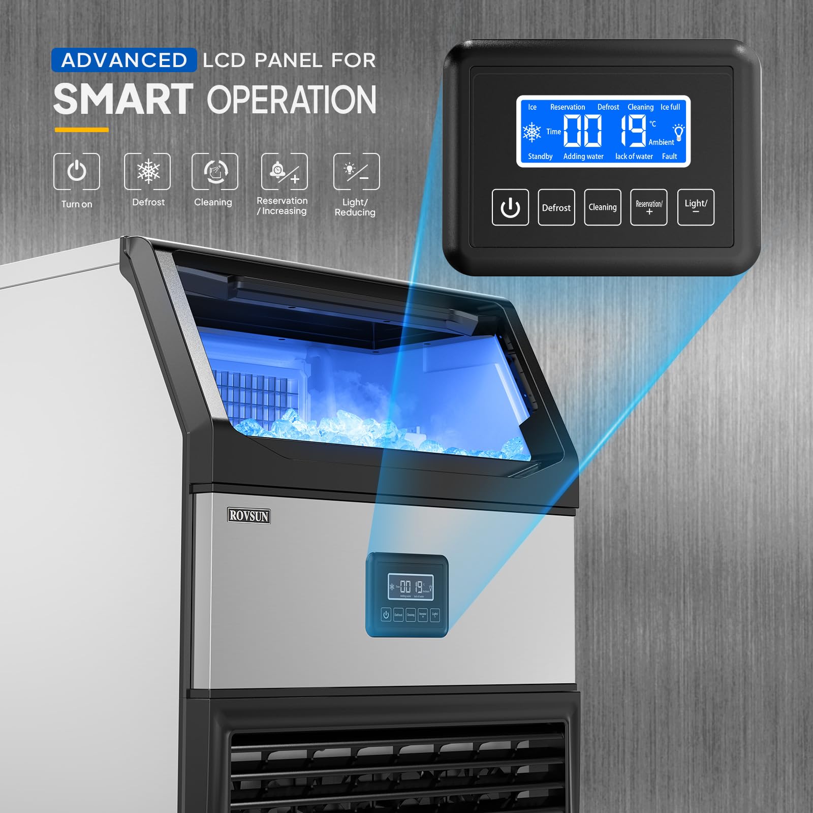ROVSUN 360lbs/24h Commercial Ice Maker, Freestanding Ice Machine with LED Control Panel & 77lbs Storage Bin, Perfect for Restaurant Bar Cafe Home Office, Includes Scoop & Connection Hose
