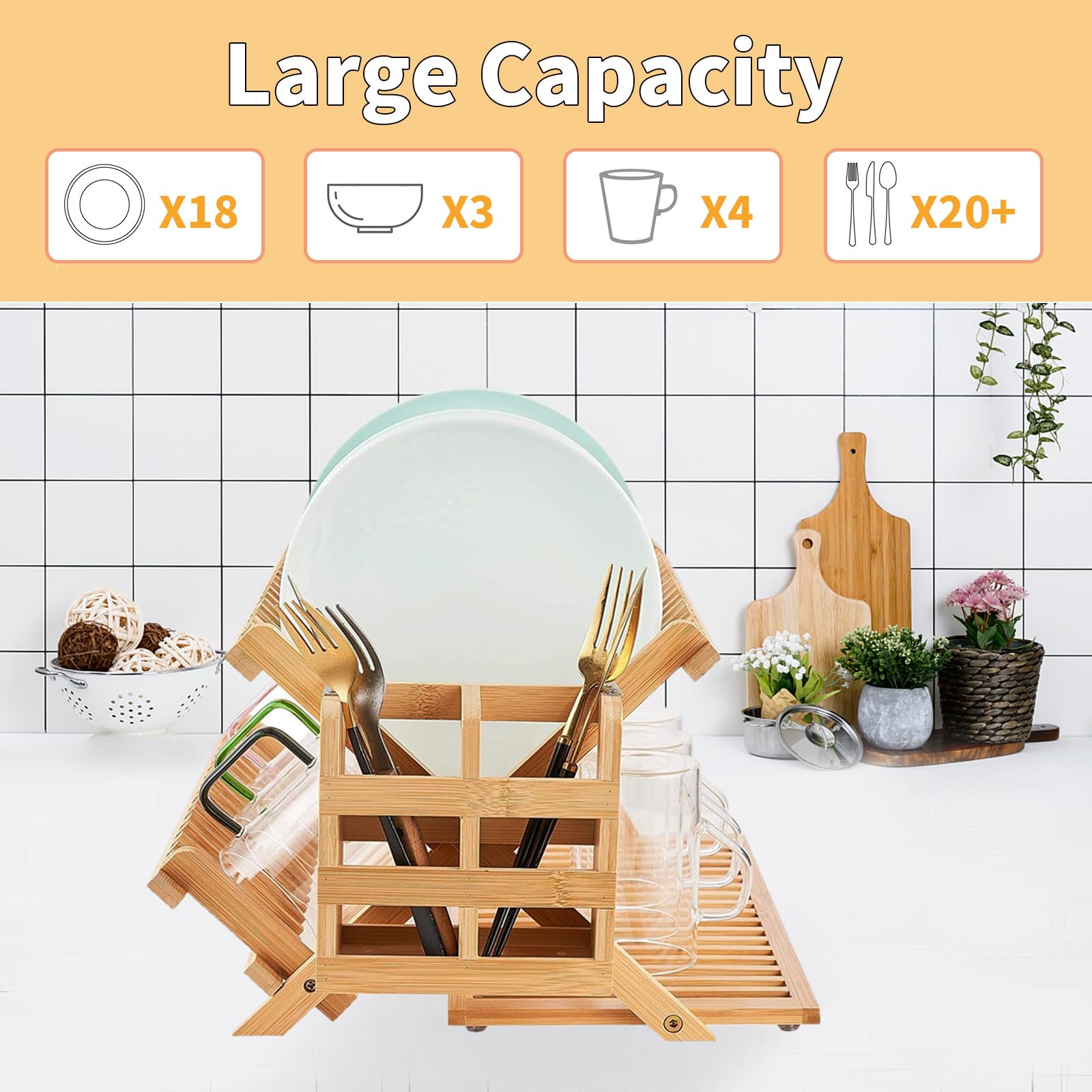 YZHDUXIU Bamboo Dish Drying Rack with Utensil Holder, 3 Tier Collapsible Dish Rack, Large Dish Racks for Kitchen Counter, Wooden Folding Dish Drainer with Dish Drying Mat (3 Tier (with Drying Mat))
