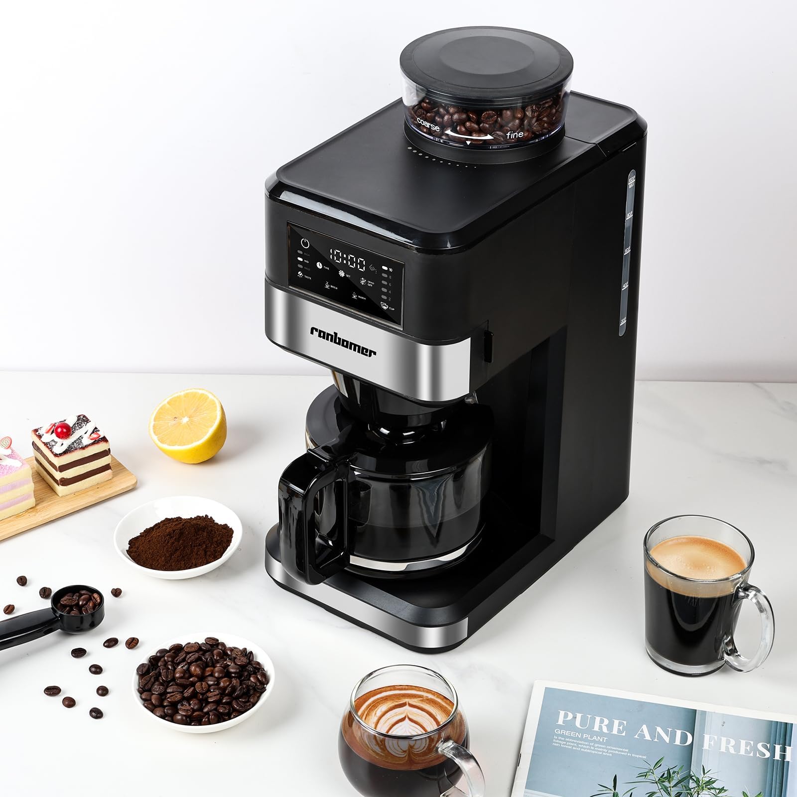 Ranbomer Coffee Maker With Grinder, 10 Cup Coffee Machine,Programmable Grind & Brew, Keep Warm Plate Coffee Machine and Burr Grinder Combo,51 oz