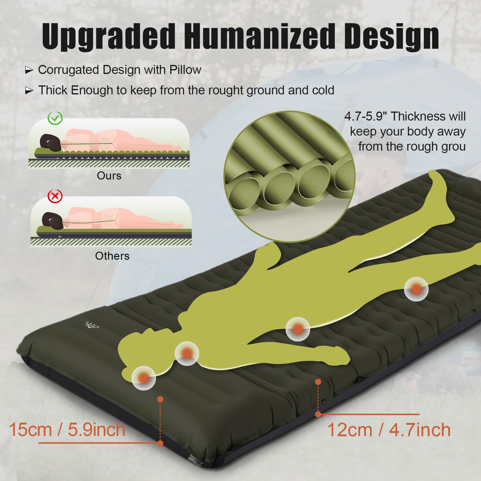 GGOV Double Sleeping Pad for Camping with Built-in Foot Pump, Extra Thick 4.7 Inch Inflatable Sleeping Pat and Pillow for Backpacking, Hiking, and Traveling