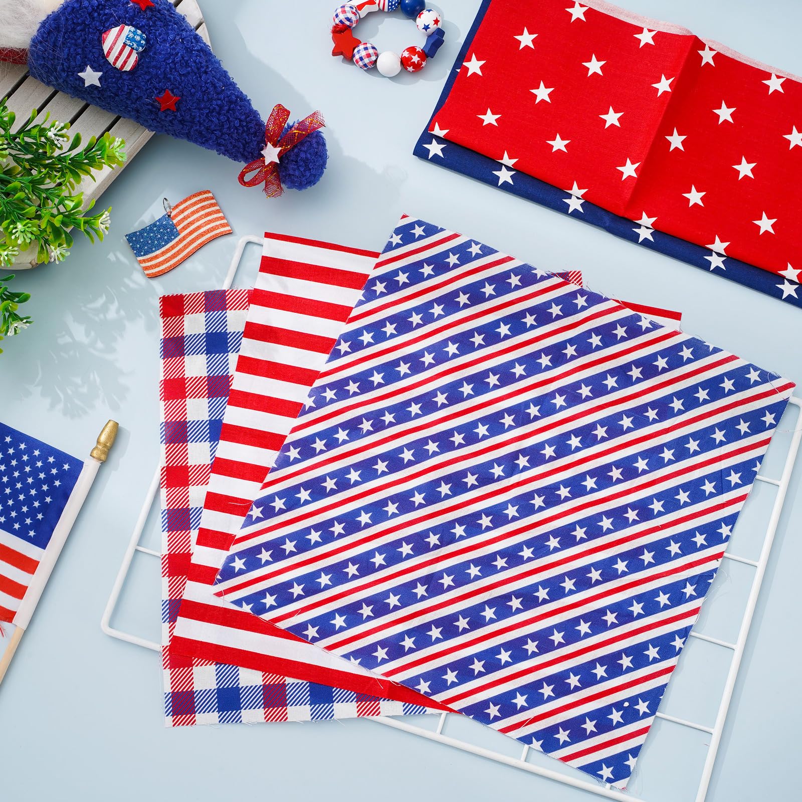 Whaline 8Pcs Patriotic Cotton Fabric Bundles Red Blue White Star Stripe Fat Quarters 4th of July Quilting Patchwork for Independence Day DIY Handmade Craft Party Decor, 10 x 10 Inch