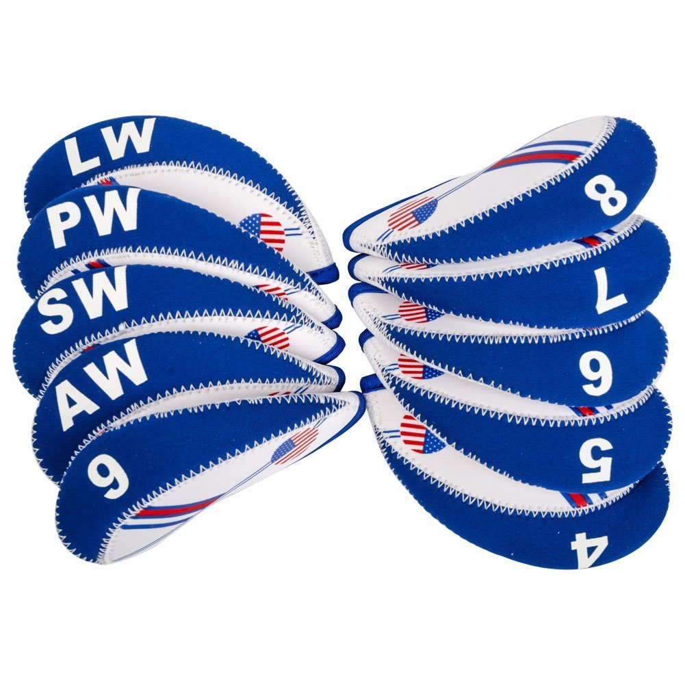 Golf Iron Head Cover Navy Blue 10pcs Set 4-9 A/Sw/Pw/Lw with Gossip Pattern Splice Digital Neoprene Golf Club Headcovers Wedge Iron Protective Headcover