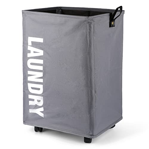 VENUSDALI Large Laundry Hamper,with Wheels Oxford Fabric Leather Handle,water Proof Folding Washing Bin,for Bedroom, Laundry Room, Closet, Bathroom, College, Dark Grey (Gray)