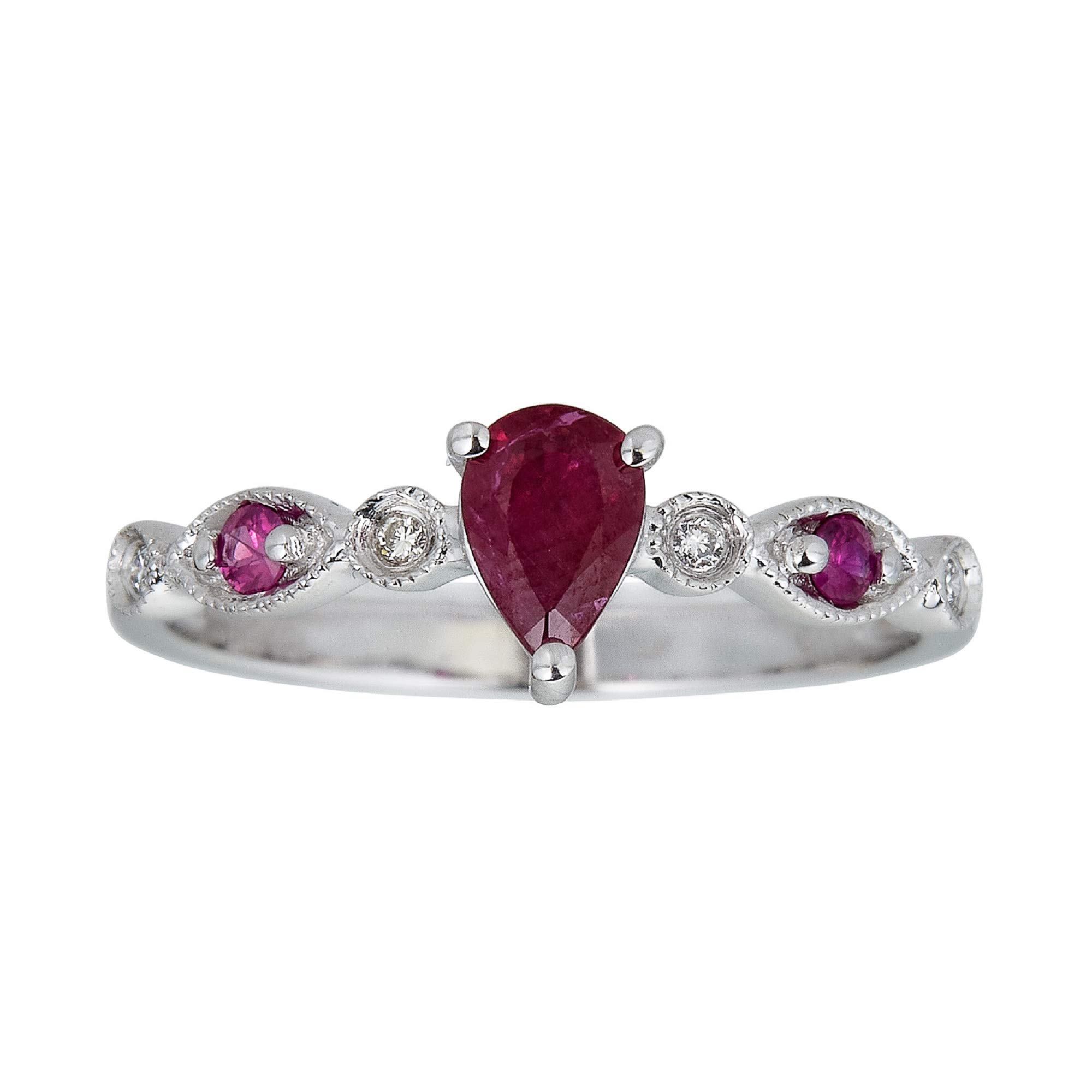Gin & Grace 10K White Gold Pear Cut Genuine Ruby & Natural Diamond Band Style Engagement Promise Propose Promise Ring for Women