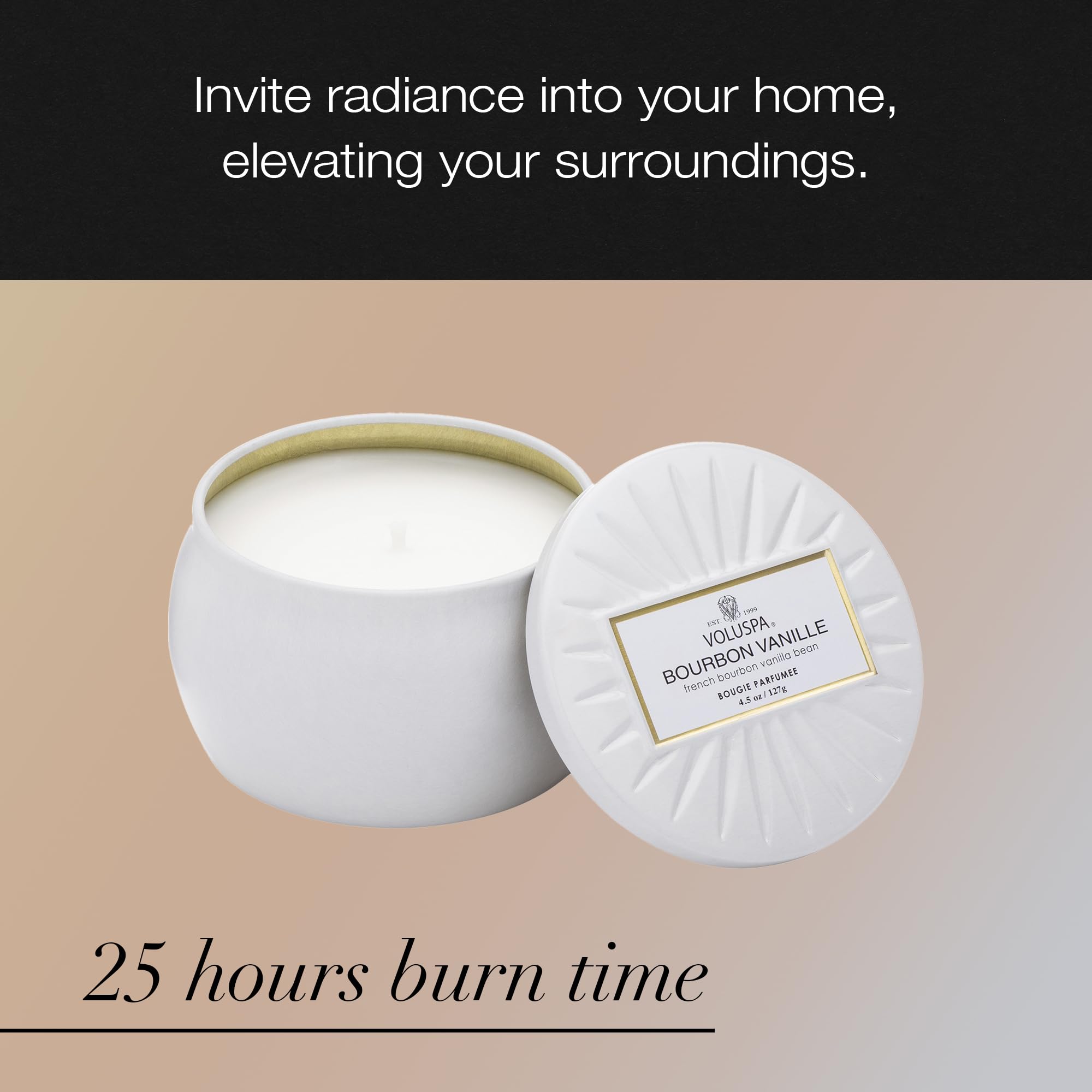 Voluspa Bourbon Vanille, Mini Tin Candle, 4 oz, 25 Hour Burn Time, All Natural Wicks and Coconut Wax for Clean Burning, Vegan, Poured in the USA