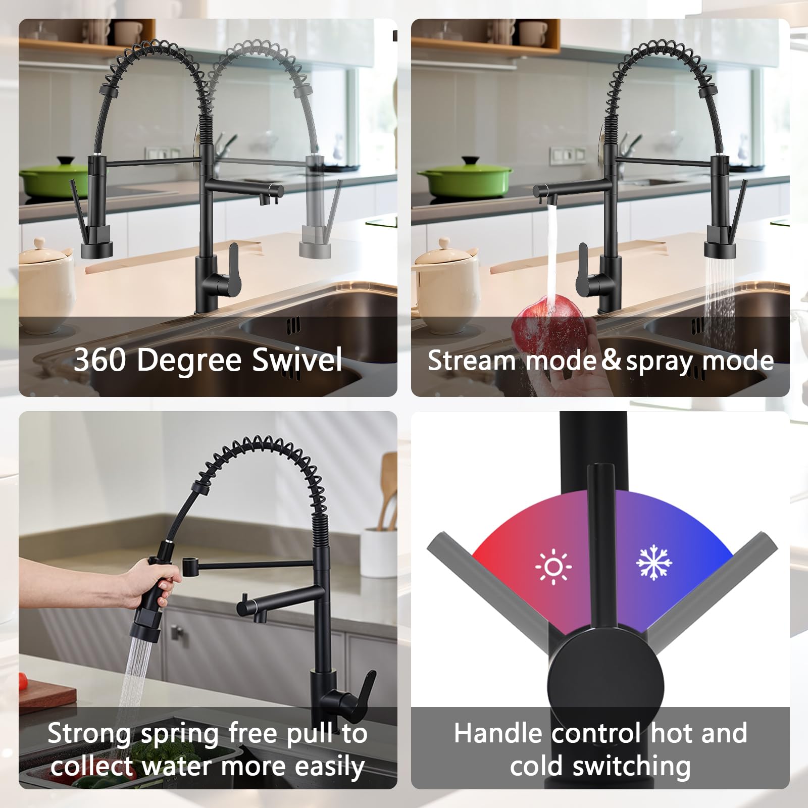 RIGFRCH Commercial Kitchen Sink Faucet with Pull Down Sprayer for Modern Kitchens, Stainless Steel Dual Water Outlet Pull Down Sprayer Single Handle Dual Temperature Kitchen Faucet( Matte Black)