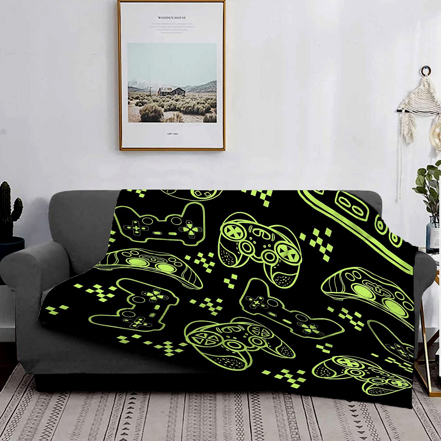 Tveinard Gaming Bedding Blanket Black Green Game Blanket Soft Fleece Gamer Throw Controller Blanket for Gamer Boys Kids 60 x 80 Inch
