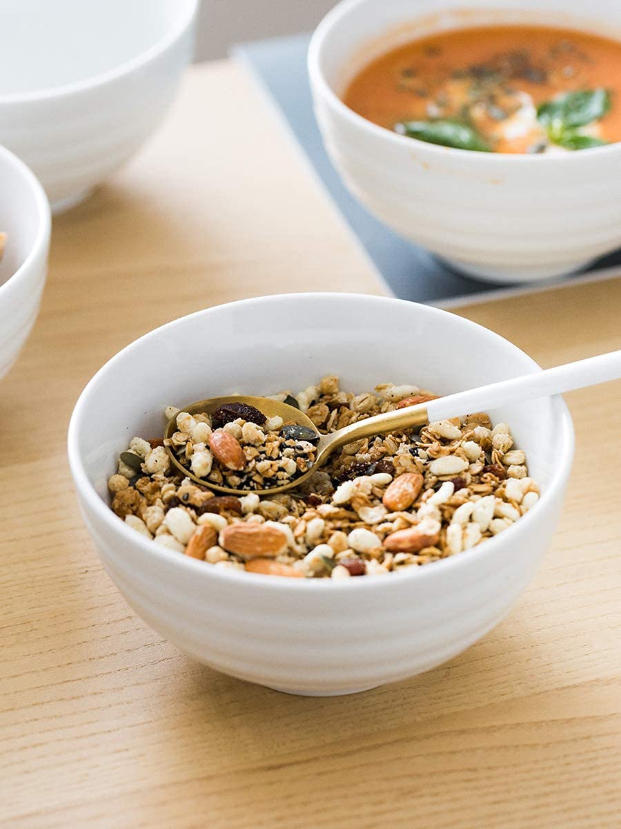 LAUCHUH Stackabel Bowl Set Porcelain Soup Bowls 28 Ounces Cereal Bowl Set with Serving Stand Large Bowl Porcelain Cereal Soup Salad with Bowl Organizer, 6 pack