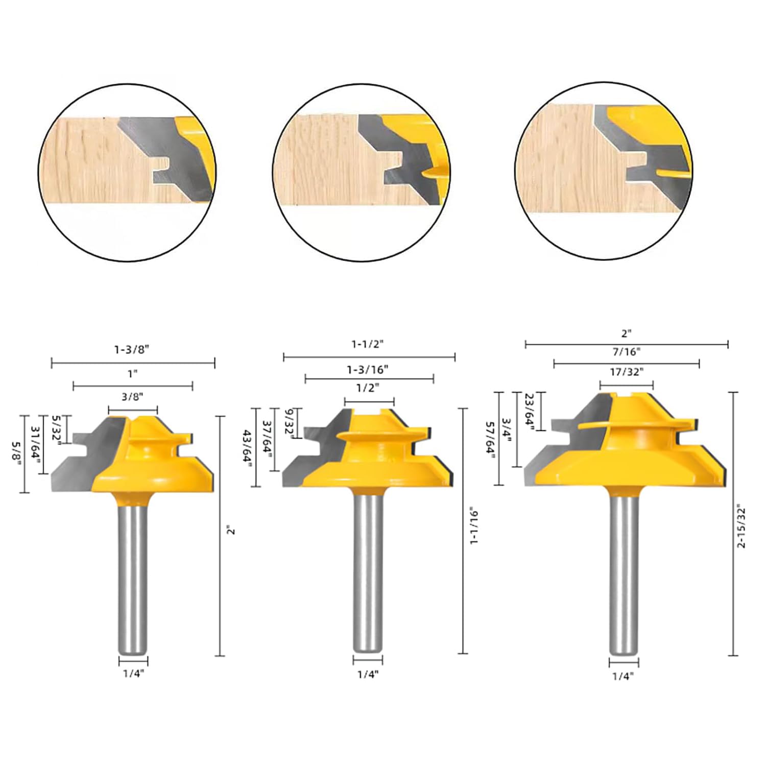 TOEVER 1/4 Inch Shank Router Bit,45 Degree Lock Miter Router Bit , for 31/64", 37/64",3/4" Cutting Height,3-Piece Joint Router Bits, Wood Milling Cutter Glue Joint Tools Set(3PCS 1/4 Shank)