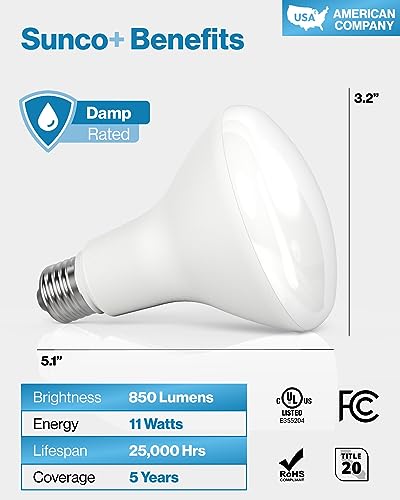 Sunco 10 Pack BR30 LED Bulbs Indoor Flood Lights 11W Equivalent 65W, 3000K Warm White, 850 LM, E26 Base, 25,000 Lifetime Hours, Interior Dimmable Recessed Can Light Bulbs - UL & Energy Star