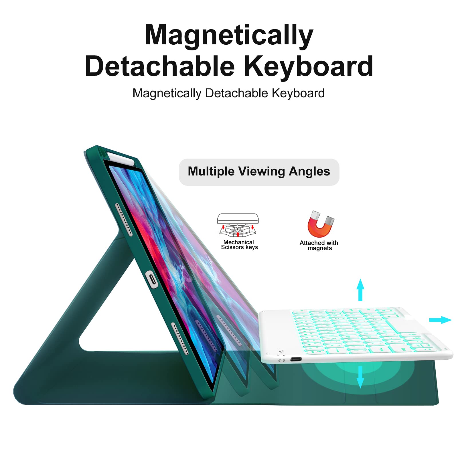 OPAKIT Pro 12.9-inch (4th/5th/6th gen - 2020,2021,2022) Keyboard Case, 7 Colors Backlit Detachable Keyboard, Smart Folio Case with Pencil Holder - Auto Sleep/Wake (Teal)