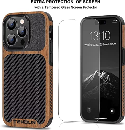 TENDLIN Compatible with iPhone 14 Pro Case Wood Grain with Carbon Fiber Texture Design Leather Hybrid Slim Case Black
