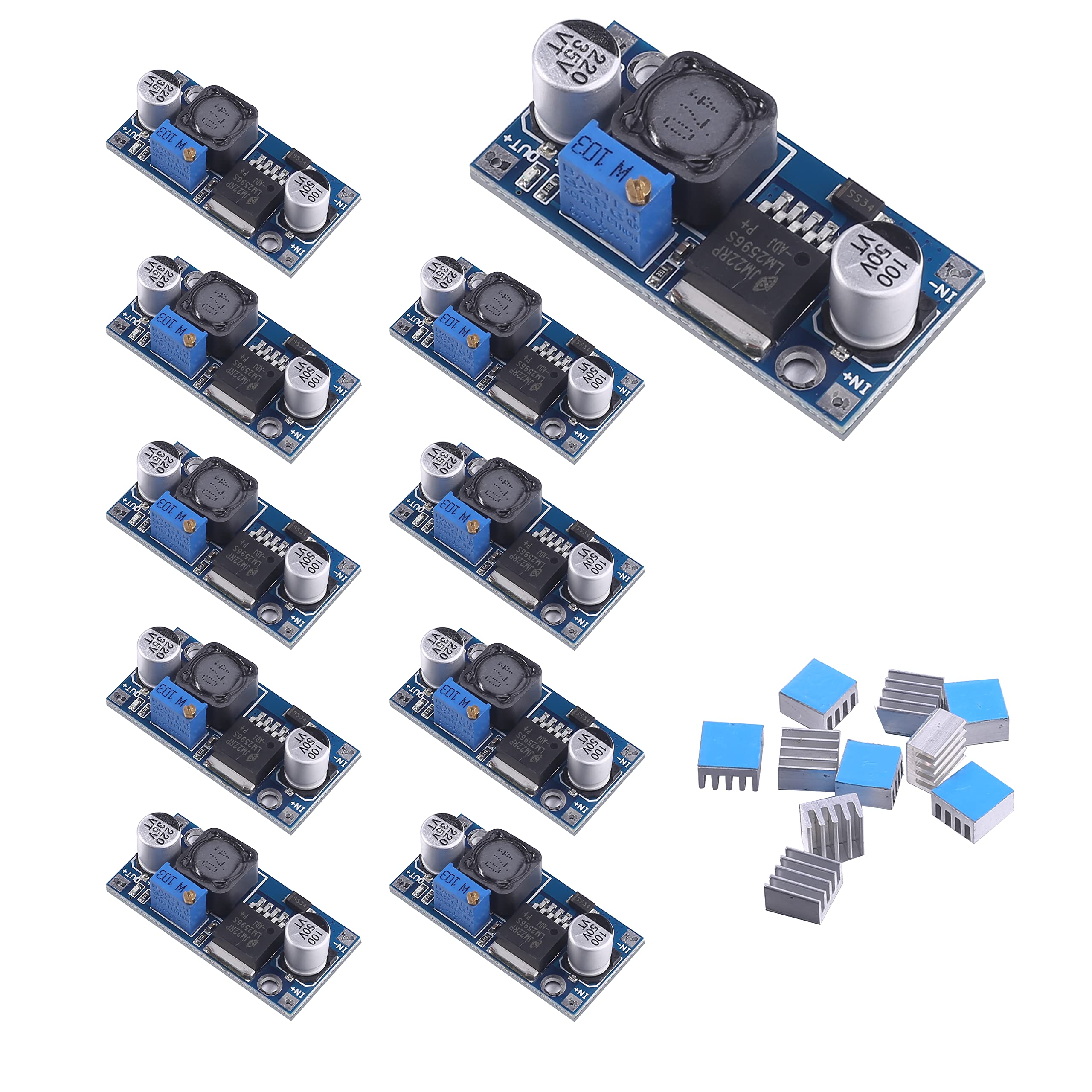 PlusRoc 10 Pack LM2596 DC to DC Buck Converter High Efficiency Voltage Regulator Adjustable Input 3.2V-36V Output 1.25V-35V Step Down Module DIY Power Supply (10 Heat Sinks Included)