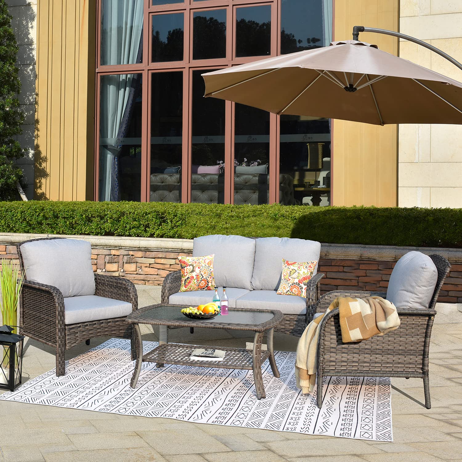 XIZZI 4 Pieces Outdoor Wicker Patio Furniture Set, All Weather Rattan High Back Loveseat with Cushions, Coffee Table and Armchairs, Modern Garden or Backyard Lounge Set (Grey Rattan-Grey Cushion)