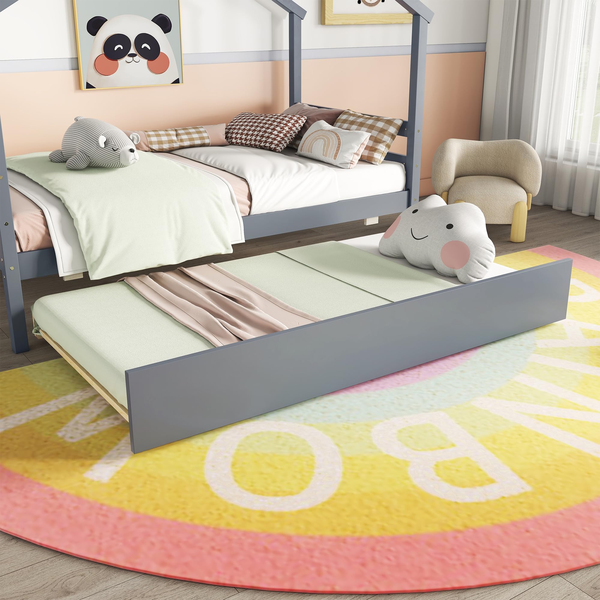 Twin Size House Bed for Kids, Adorable House Bed Frame with Trundle, Twin Playhouse Platform Bed for Boys,Girls(Twin,White)