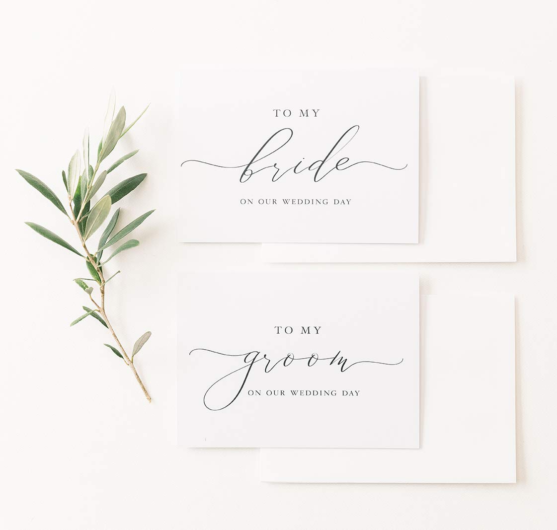 To My Bride To My Groom On Our Wedding Day Card 4x5.5 Folded White Card with Black Caligraphy with Gold Foil Lined Envelopes 2 Card Set Vow Cards Elegant Minimalist Style Wedding Cards