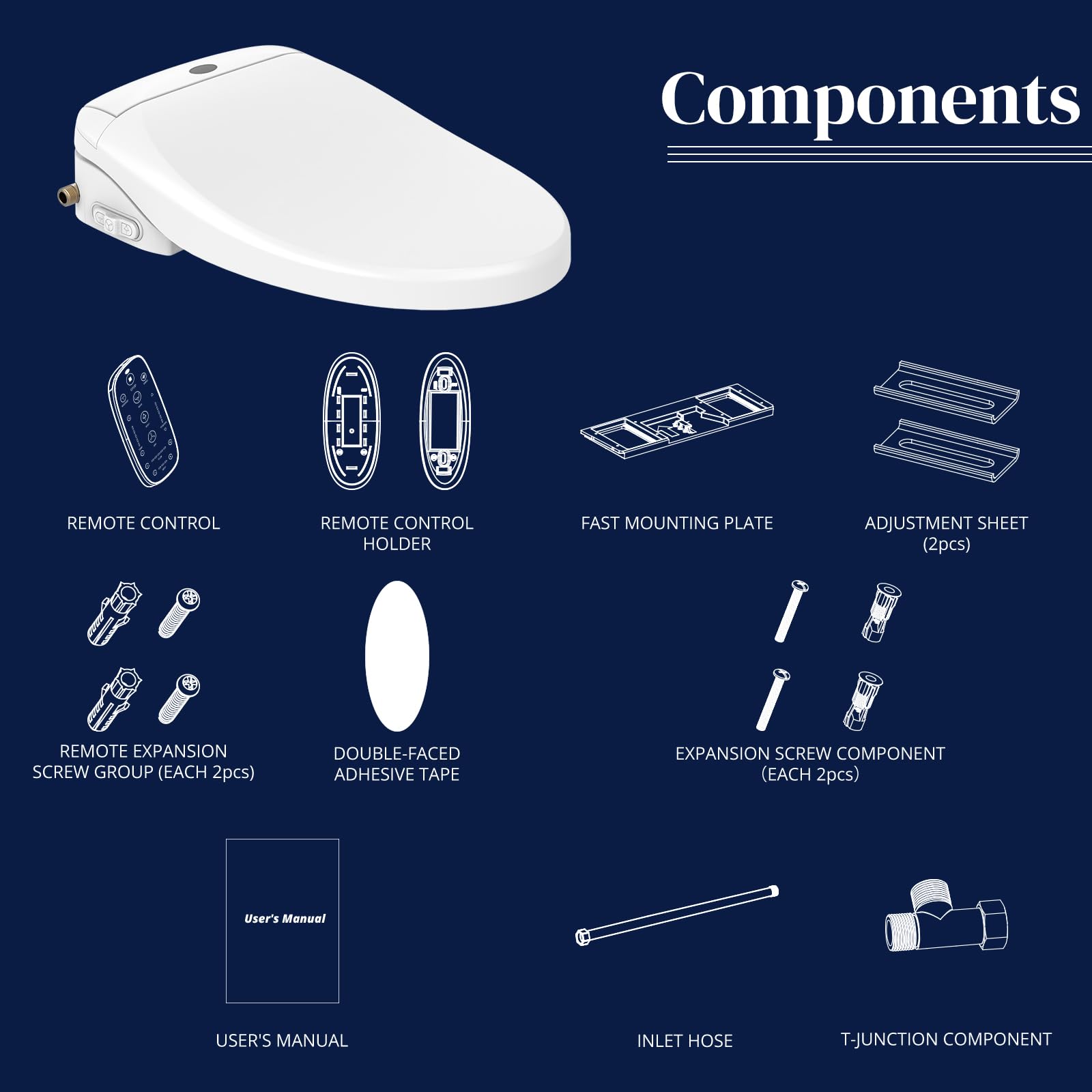 Smart Bidet Toilet Seat with Heated Seat, Electronic Bidet Seat with Wireless Remote/Side Panel/Various Washing Settings/Warm Water/Air Dryer and Nightlight