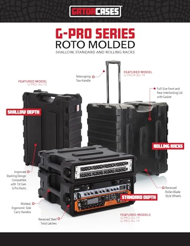 Gator Cases Pro Series Rotationally Molded 6U Rolling Rack Case with 19" Depth, Tow Handle & Recessed Wheels; Made in USA (G-PROR-6U-19),Black