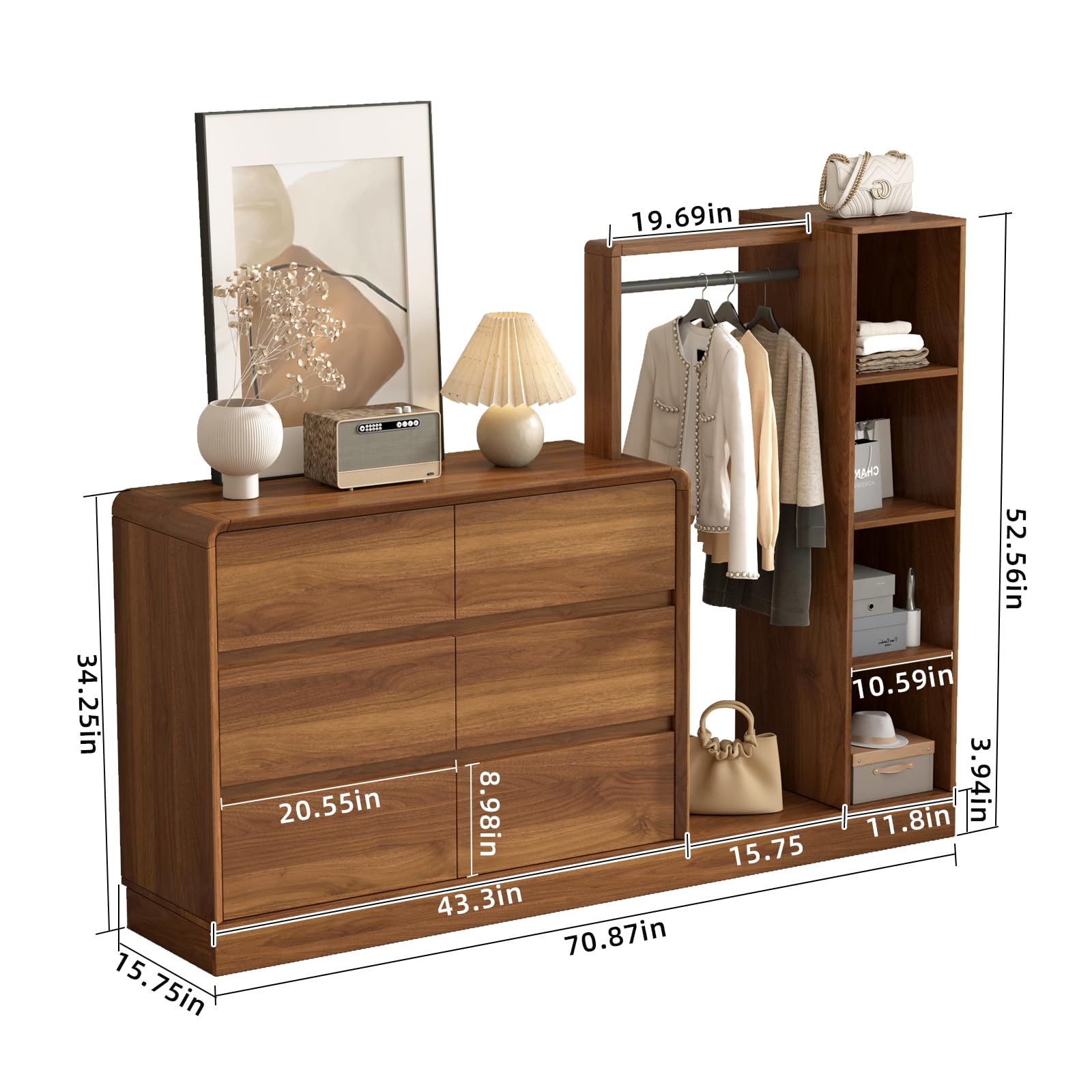 Messenya Dresser with Hanging Racks&Open Shelf Bookcase,Dresser for Bedroom with 6 Drawers Dresser with Clothes Rack, 4-Tier Bookshelf Wood Storage Unit