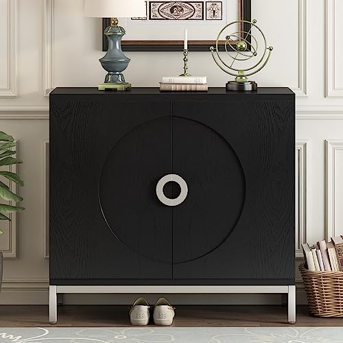 LZ LEISURE ZONE Storage Cabinet, Simple Sideboard Storage Cabinet with Solid Wood Veneer, Accent Cabinet with Metal Leg Frame for Living Room, Entryway, Dining Room, Black