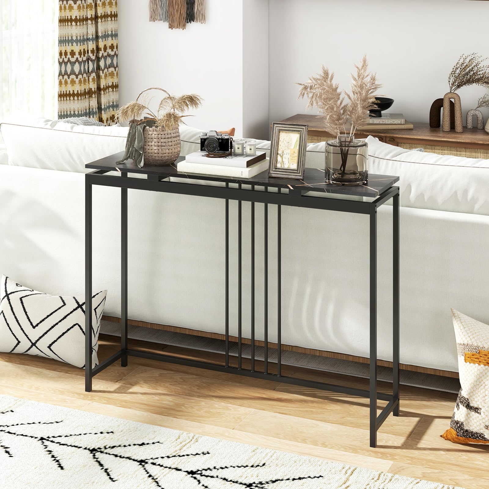GOFLAME Narrow Console Table, 47” Sofa Tables Narrow Long with Faux Marble Tabletop & Metal Frame, Behind Couch Table, Entryway Table, Modern Foyer Tables for Entryway, Living Room, Black