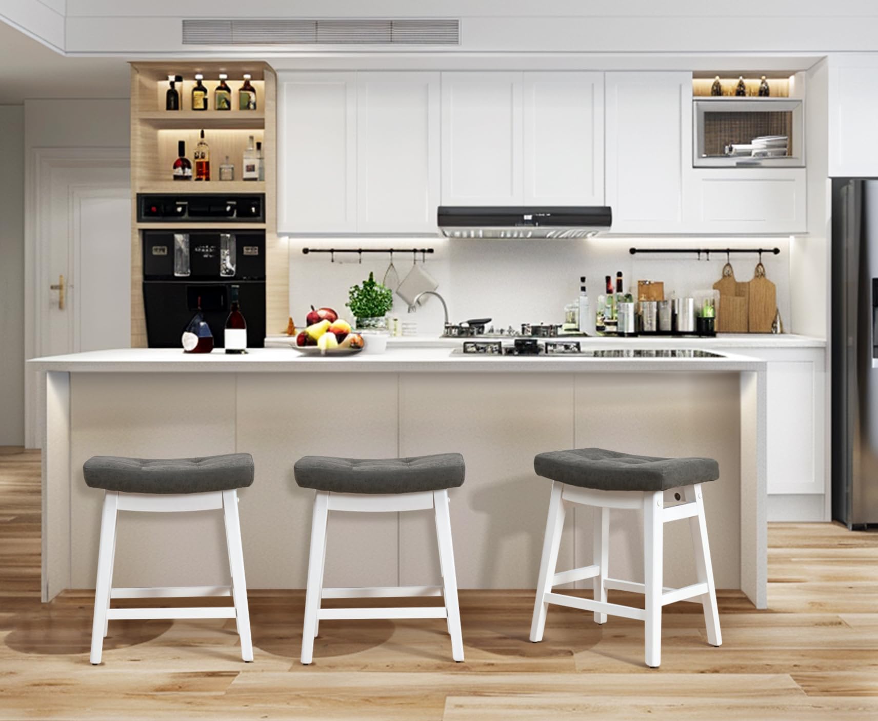 RNKSFX Counter Height Bar Stools Set of 2 for Kitchen Counter Modern Backless Barstools with Upholstered Faux Leather Seat and Solid Wood Legs Farmhouse 24 inch Bar Chairs, Grey + White
