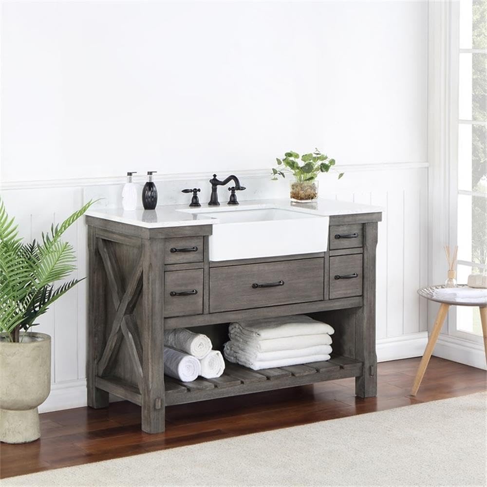 VINNOVA Villareal 48" Single Bath Vanity in Classical Gray with White Farmhouse Basin