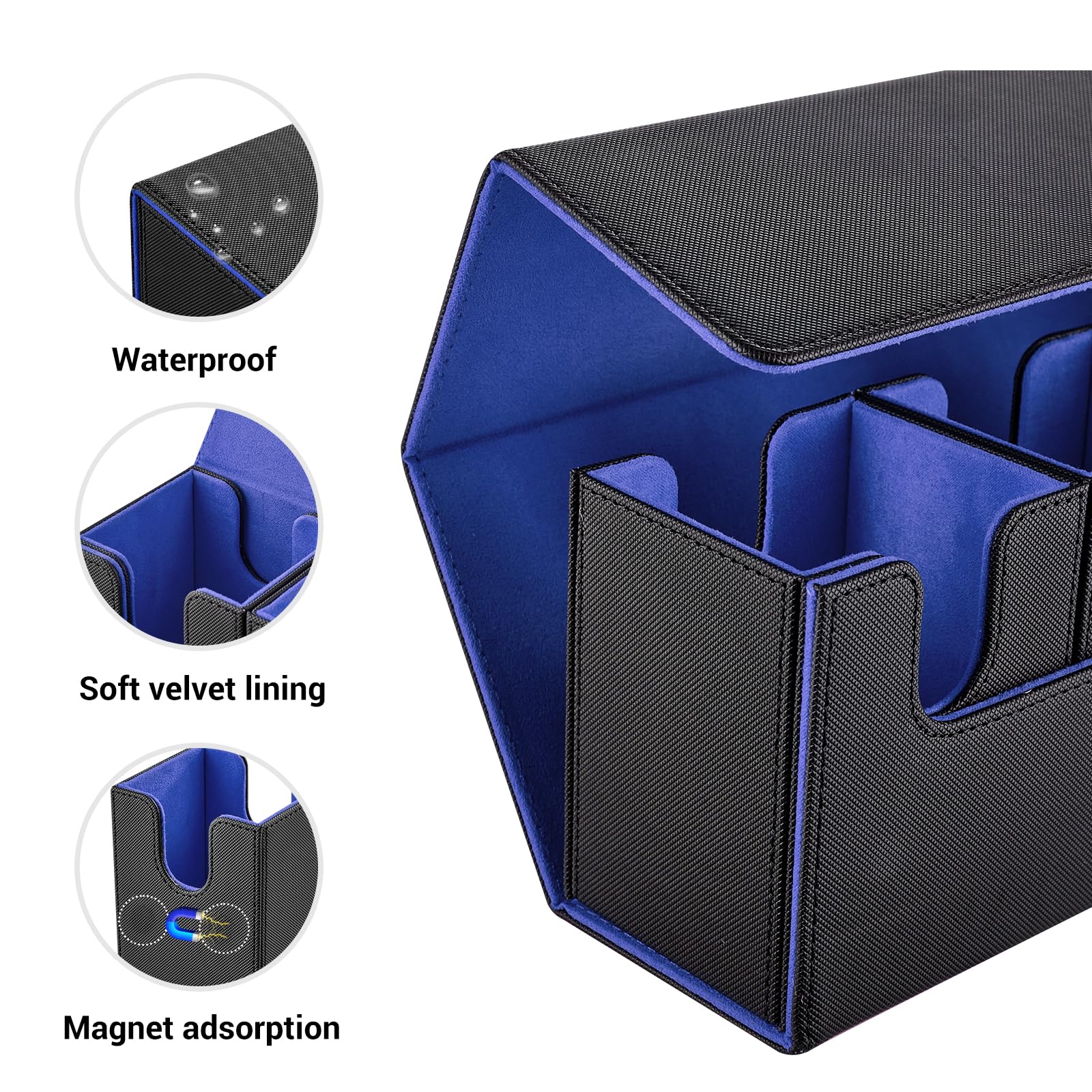 FOTEEMO Card Deck Box For MTG, 4 in 1 Commander Deck Box Deck Box With Dice Tray Trading Card Deck Storage Box Holding 300+ Sleeved Cards Yugioh Deck Box (Black and Blue)