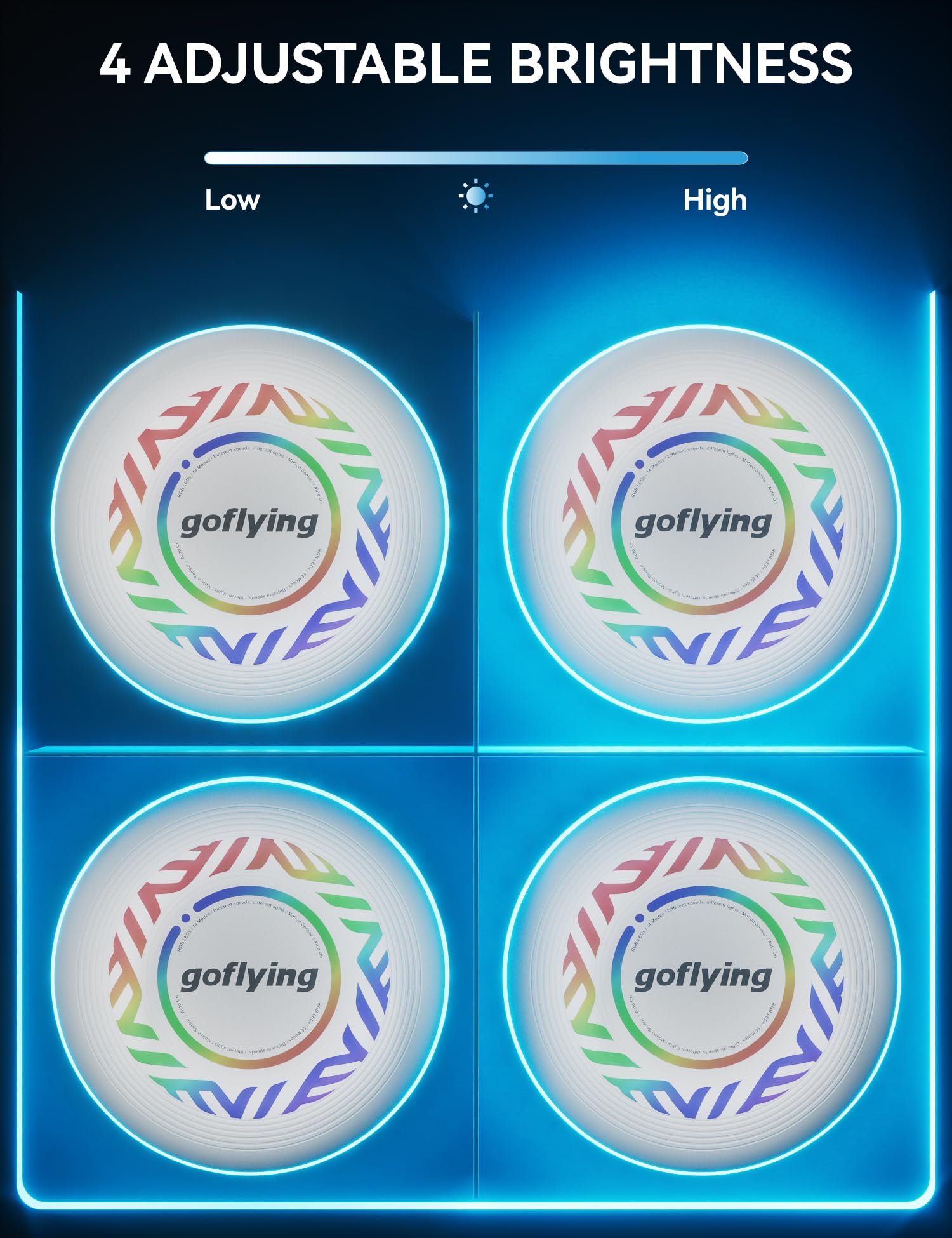 GOFLYING LED Flying Disc, 9 Adjustable Colors, 4 Adjustable Brightness, Rechargeable, 3WORKING Mode, Running RGB Light Mode/Single Color Mode/Competitive Mode - White