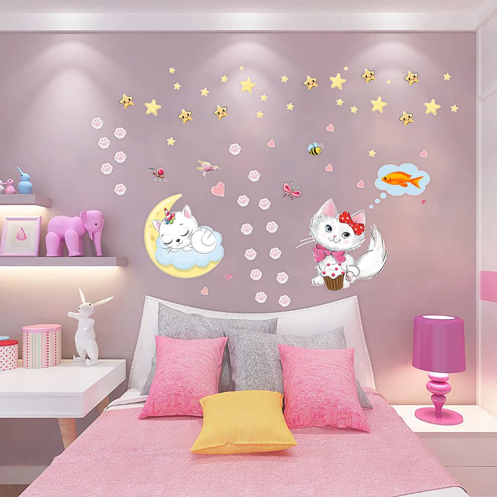 MESU Glow in The Dark Cat Wall Stickers Luminous Ceiling Decals for Nursery Kids Bedroom Decor Cat