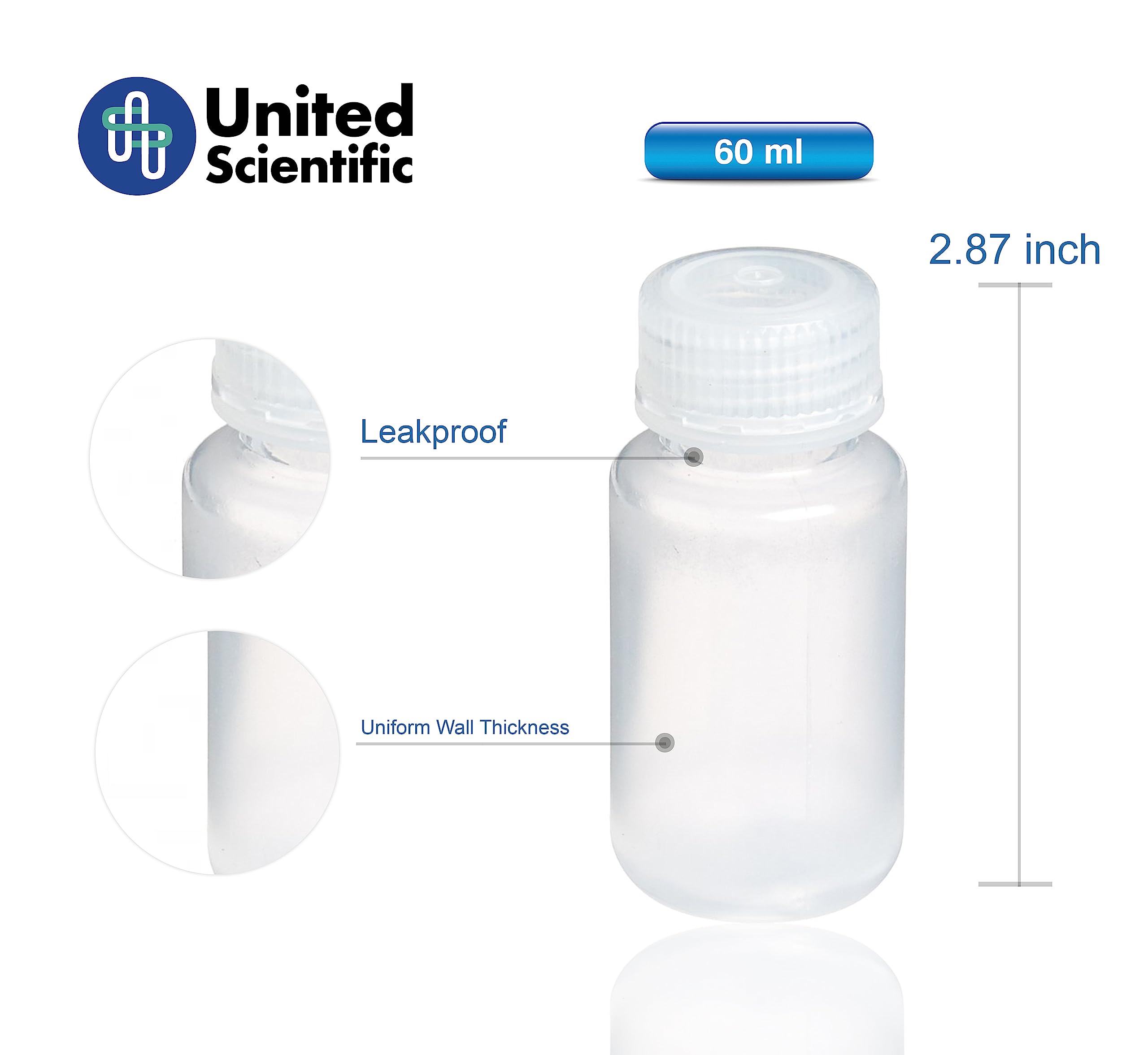 United Scientific™ 33306 | Laboratory Grade Polypropylene Wide Mouth Reagent Bottle | Designed for Laboratories, Classrooms, Travel, or Storage at Home | 60mL (2oz) Capacity | Pack of 12