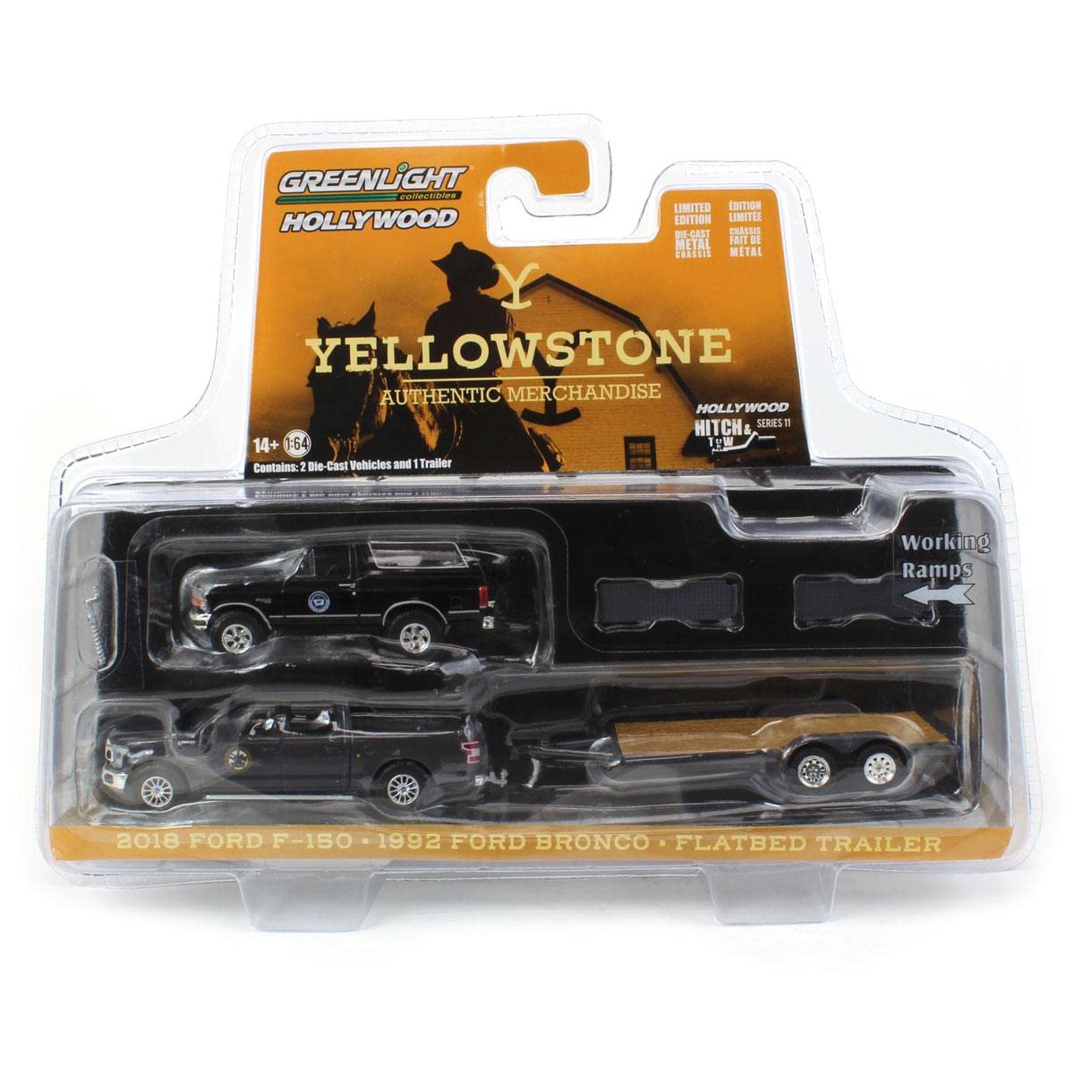 Truck 1/64 2018 Ford F-150 1992 Ford Bronco on Flatbed Trailer Montana Livestock Association Hitch & Tow 11 31150-C