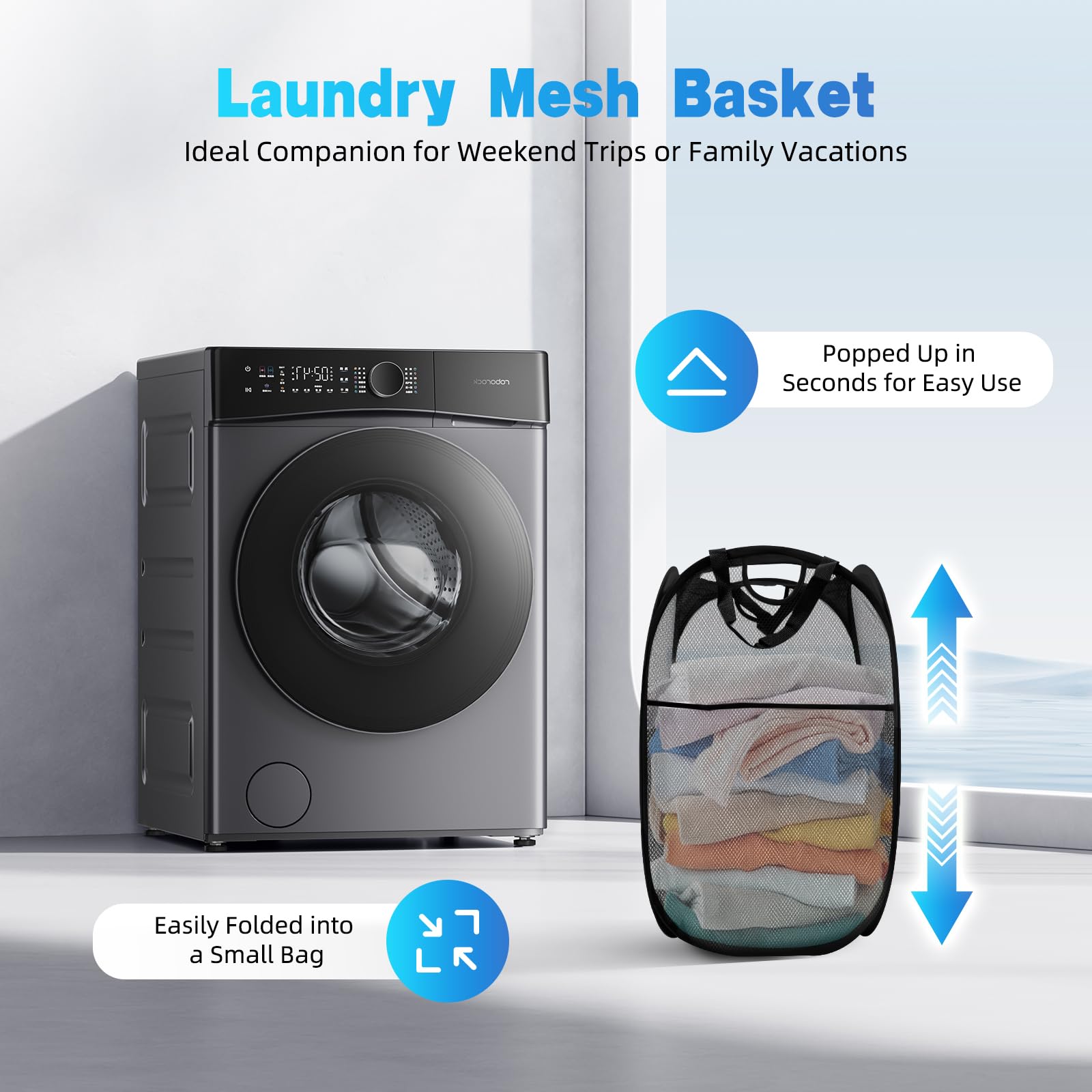 RocoReny Collapsible Laundry Mesh Basket with Pop Up Hamper & Wide Opening Mesh, Breathable, Sturdy, Foldable, and Space-Saving Design for Clothes and Storage.
