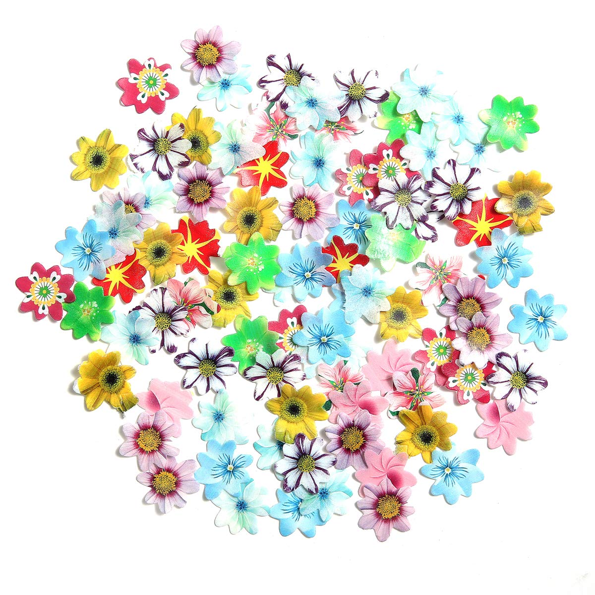 GEORLD 48Pcs Edible Cupcake Toppers 1.6" Wafer Mini Flower Daisy Cake Decoration Birthday Party Sunflower Cake Mixed Size &Colour